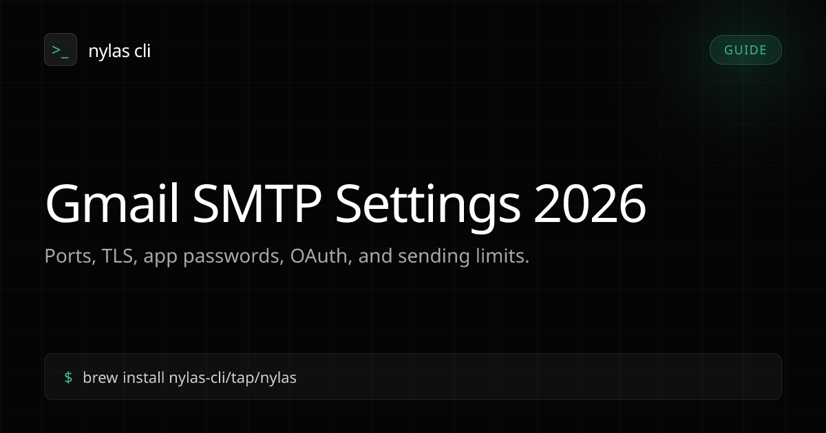 Gmail SMTP Settings 2026: Ports, TLS, Auth | Nylas CLI